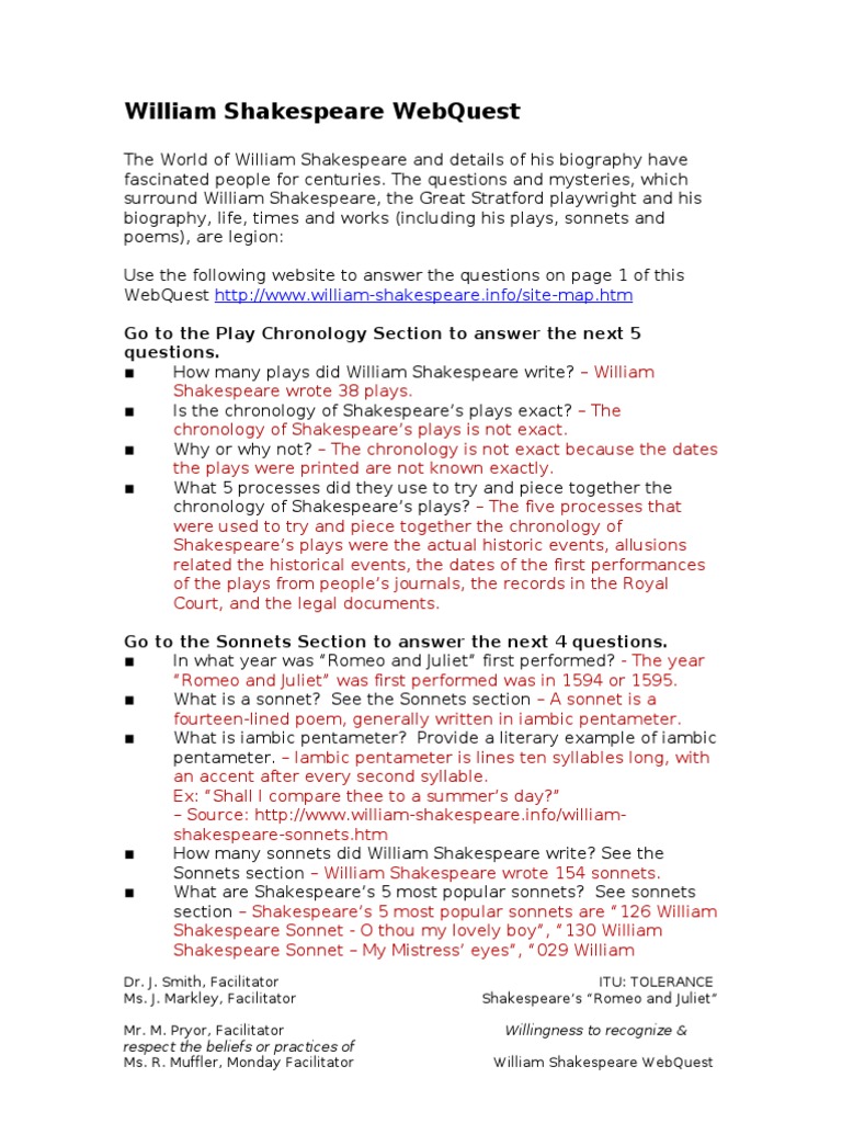 William Shakespeare WebQuest | PDF | William Shakespeare | Shakespeare ...