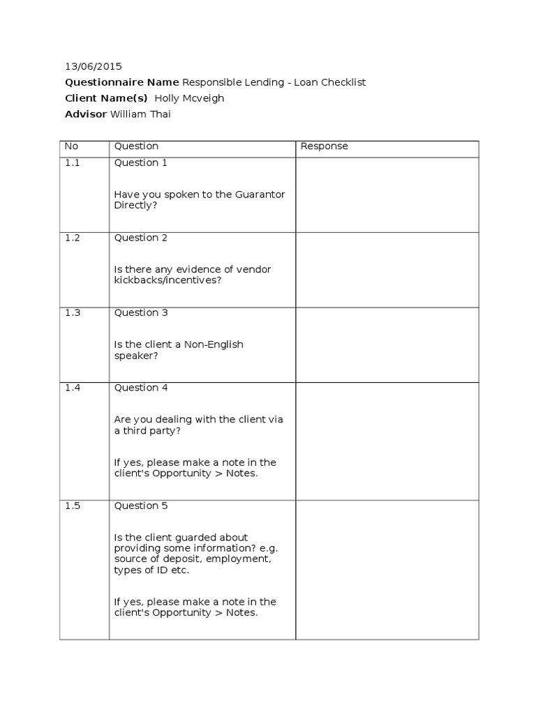 Loan Checklist for Advisors | PDF | Law