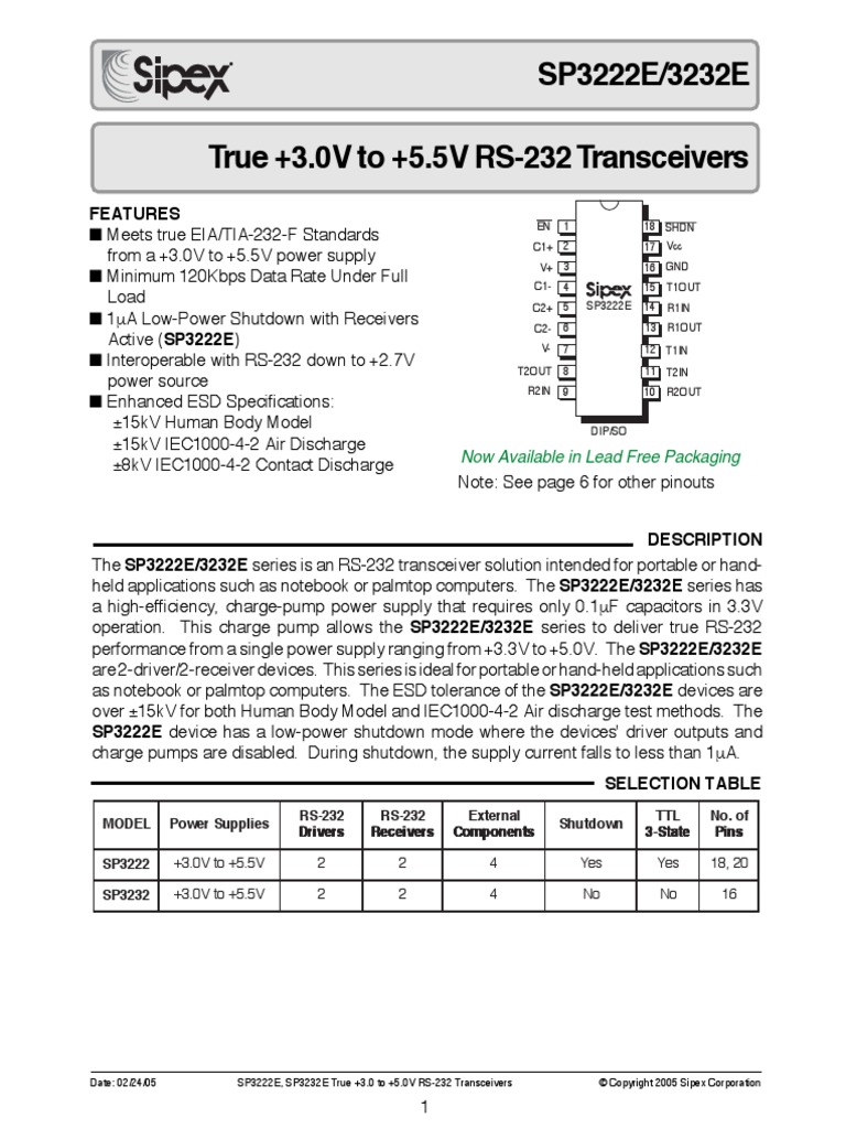 SP3222E/3232E: Features | PDF | Electrostatic Discharge | Capacitor