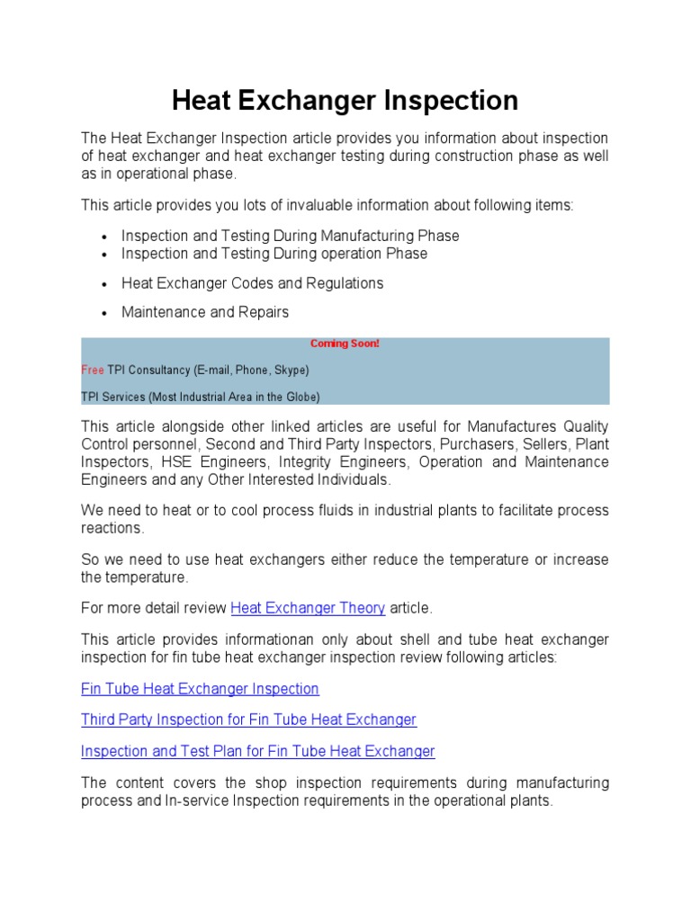Heat Exchanger Inspection Procedures | PDF | Heat Exchanger | Pipe ...