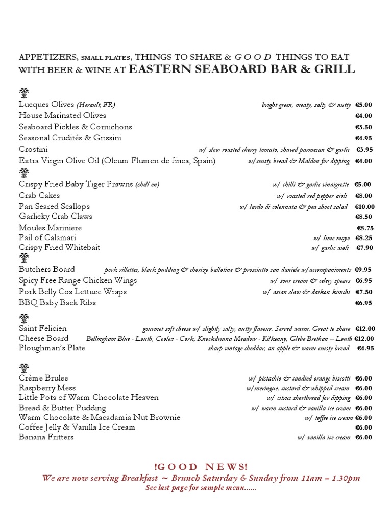 Eastern Seaboard Bar and Grill Menu Jan 14 | Download Free PDF | Salad ...