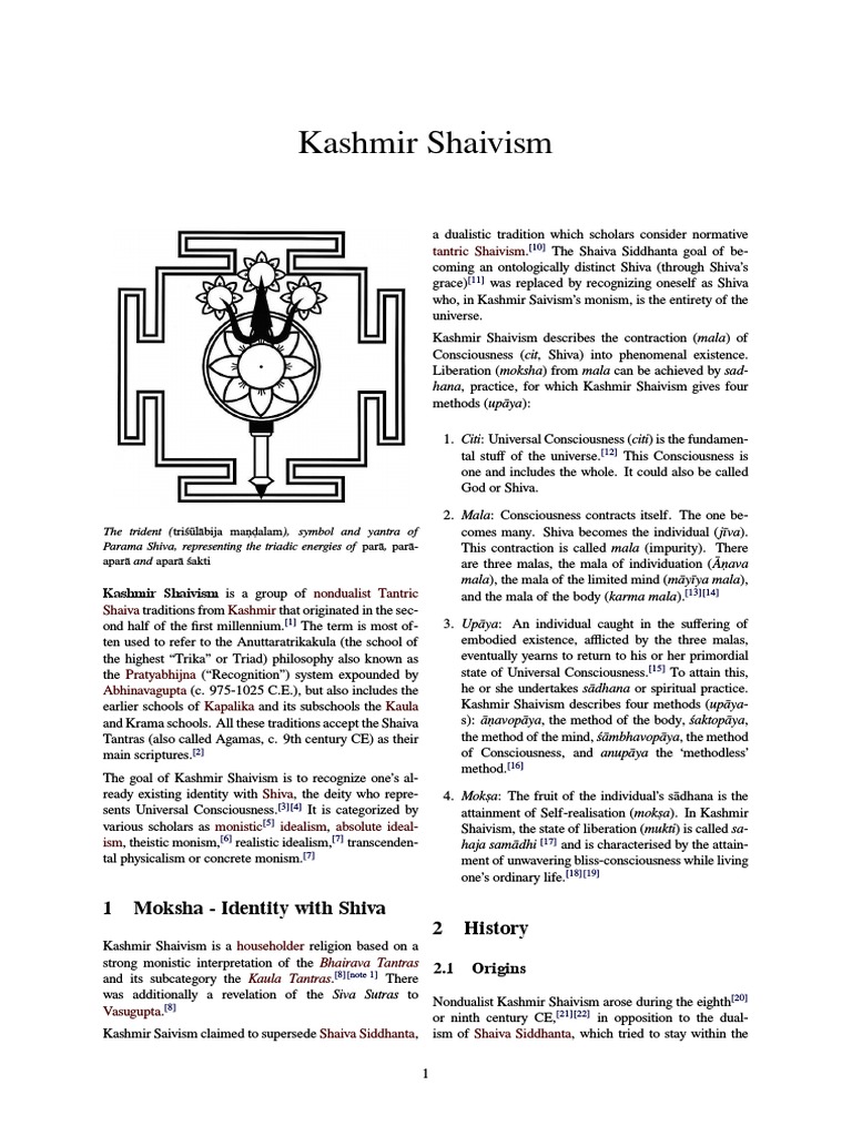 Kashmir Shaivism: 1 Moksha - Identity With Shiva 2 History | PDF ...