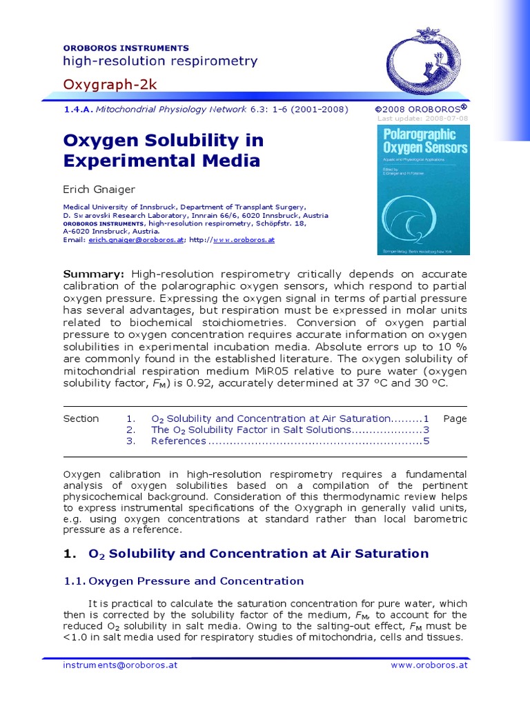 Oxygen Solubility in Experimental Media: Oxygraph-2k | PDF | Solubility ...