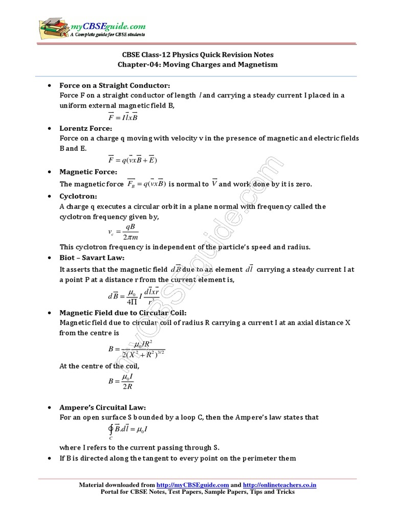 CBSE Class-12 Physics Quick Revision Notes Chapter-04: Moving Charges ...