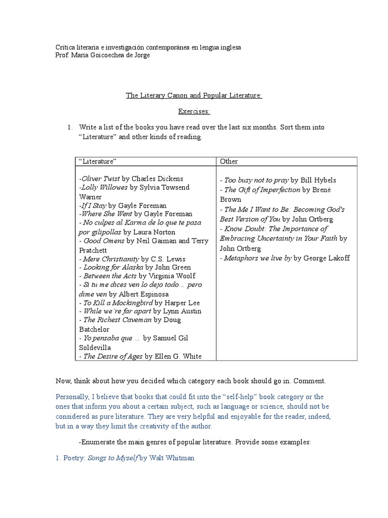 Exercises the Canon and Popular Literature | English Language ...