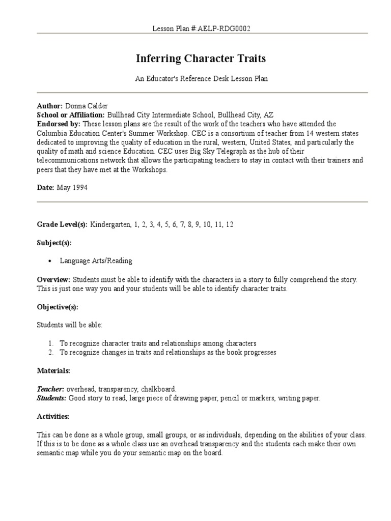 Inferring Character Traits | Download Free PDF | Lesson Plan | Cognition