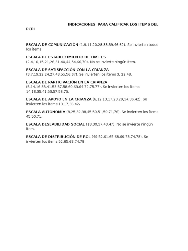 Indicaciones para Calificar Los Items Del Pcri | PDF