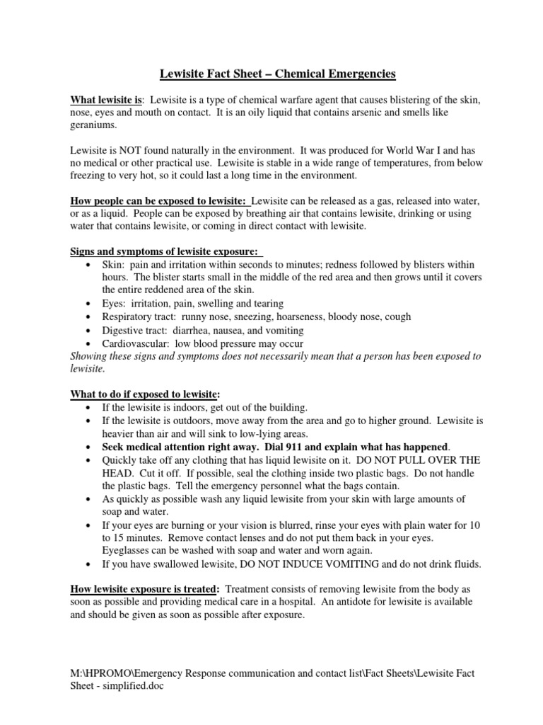 Lewisite Fact Sheet - Chemical Emergencies | PDF | Medical Specialties ...
