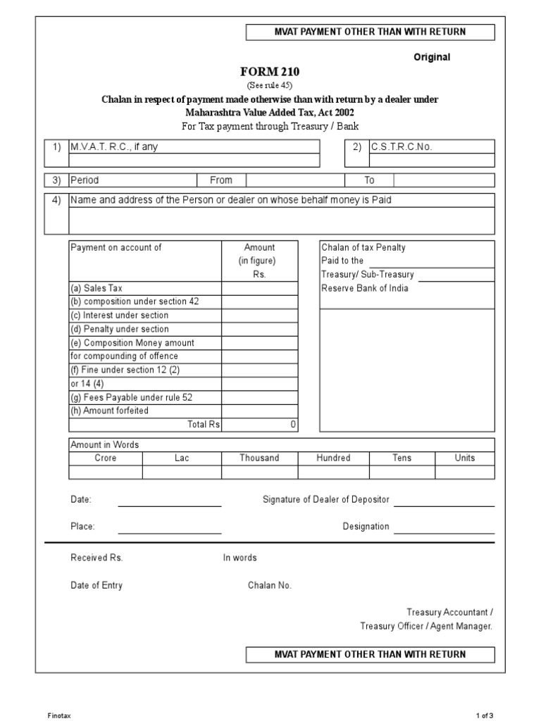 FORM 210: For Tax Payment Through Treasury / Bank | PDF | Payments | Taxes