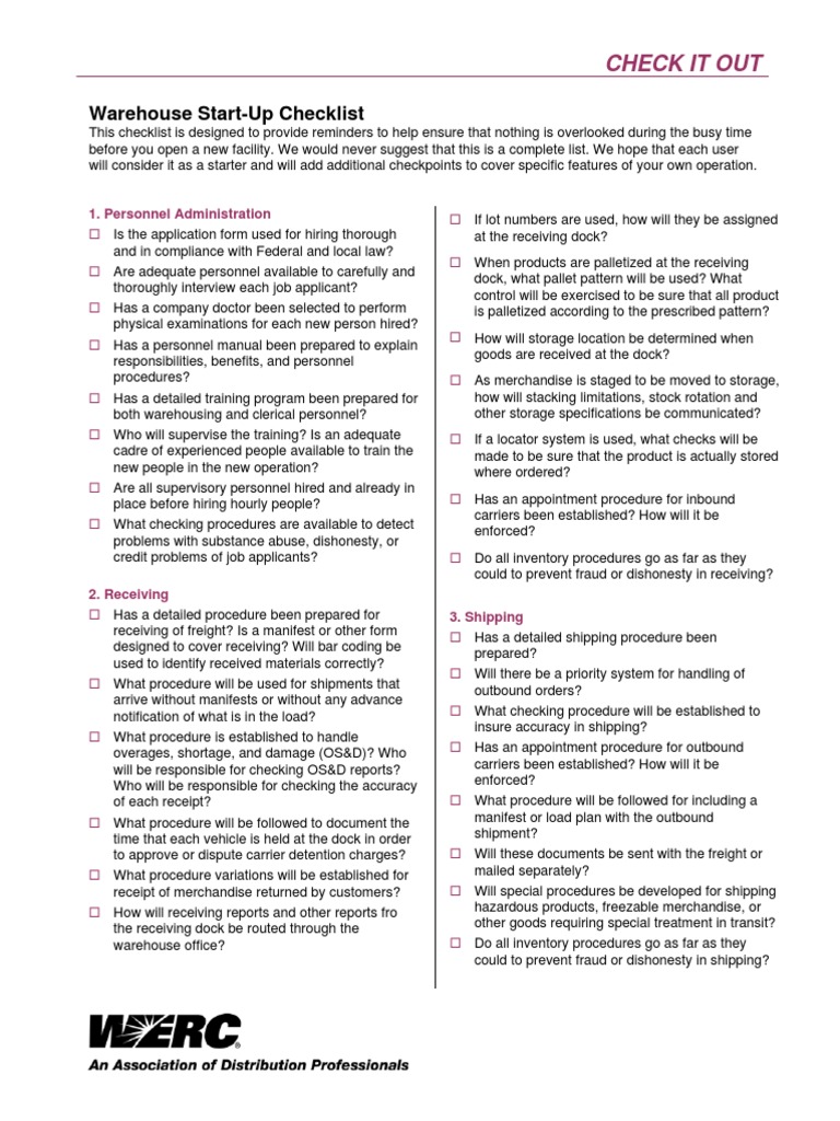Warehouse Startup Checklist | PDF | Warehouse | Services (Economics)