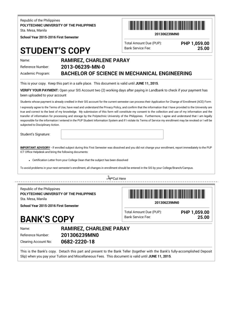PUP Enrollment Payment Voucher | PDF | Payments | Fee