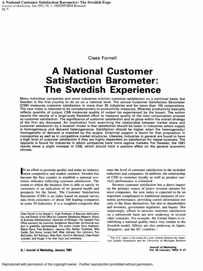 A National Customer Satisfaction Barometer The Swedish Expe | PDF ...