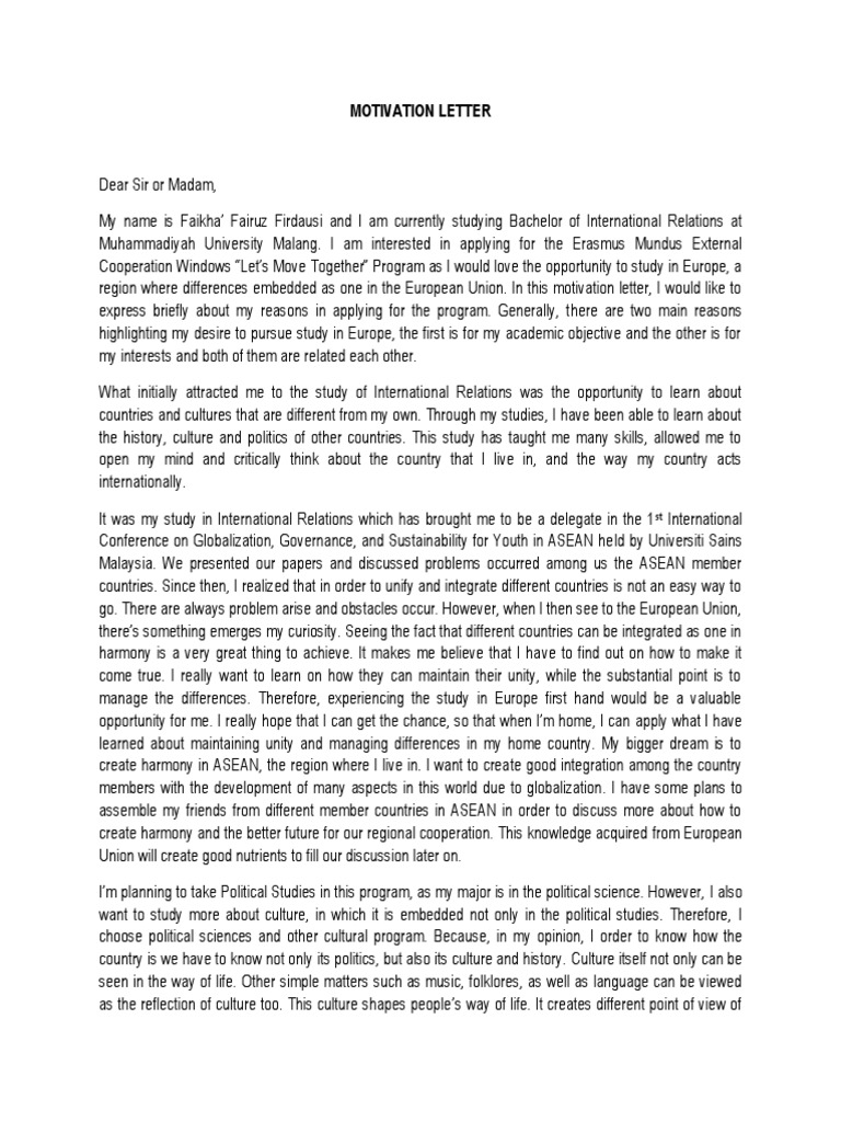 Motivation Letter Erasmus | PDF
