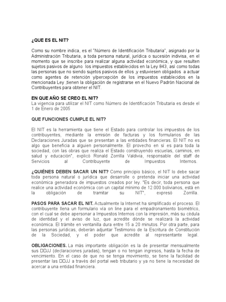 Definición y Funciones del NIT en Bolivia | PDF | Impuestos | Economias