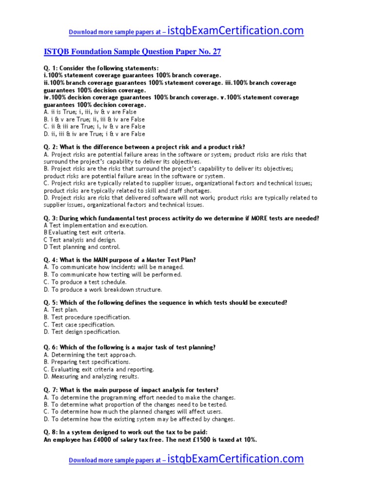 ISTQB Foundation Sample Question Paper No. 27: Download More Sample ...
