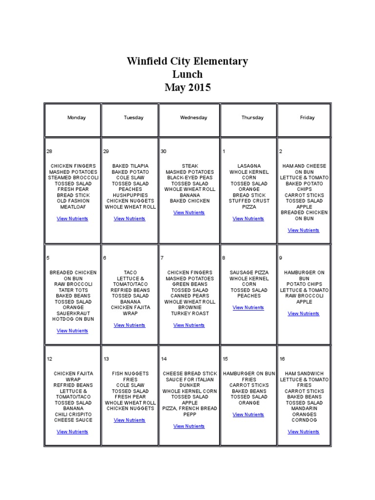 Winfield City Elementary Lunch Menu May 2015 | PDF