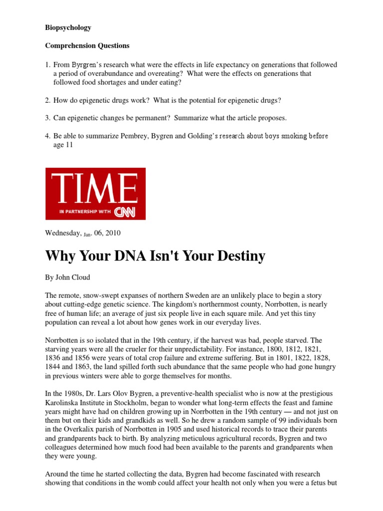 Why Your DNA Isn't Your Destiny: Biopsychology Comprehension Questions ...