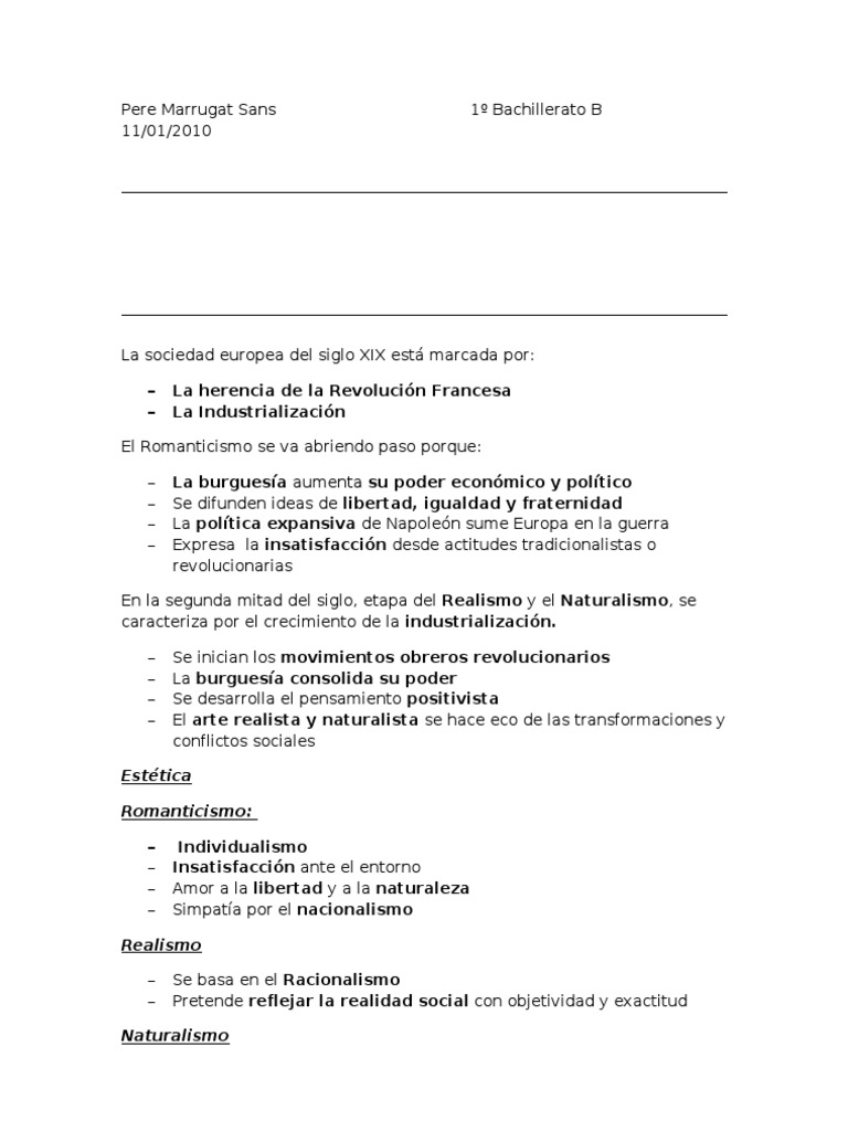Esquema Romanticismo Realismo Naturalismo | PDF | Realismo literario ...