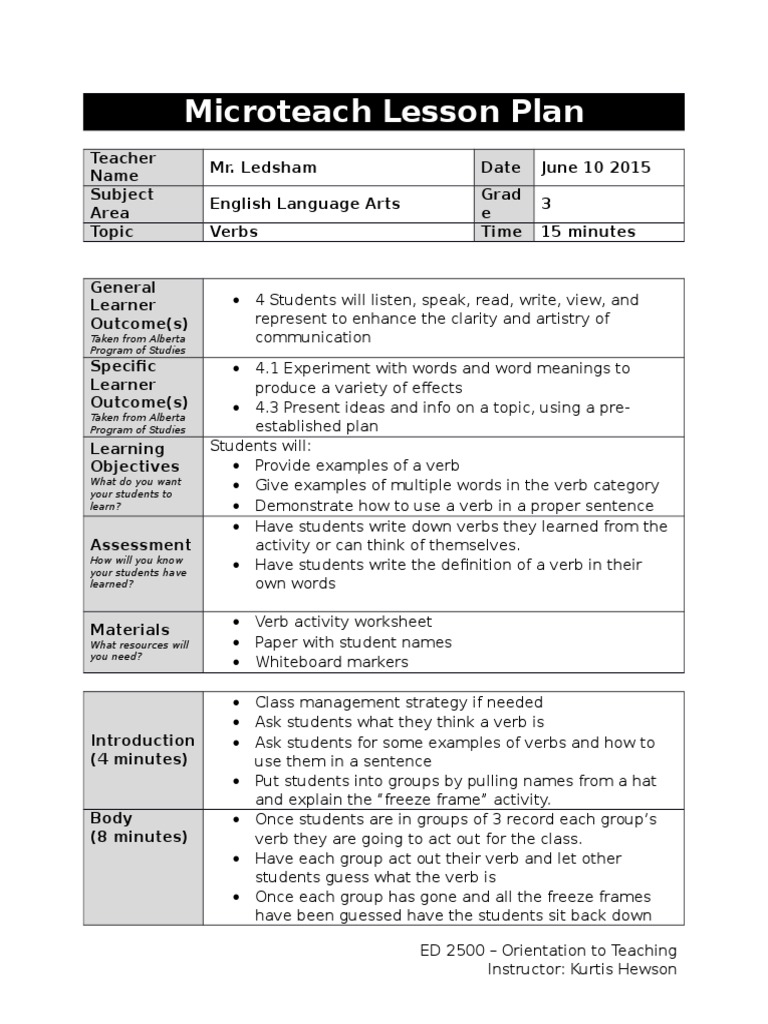 3rd Grade Verbs Microteach Plan | PDF | Lesson Plan | Human Communication
