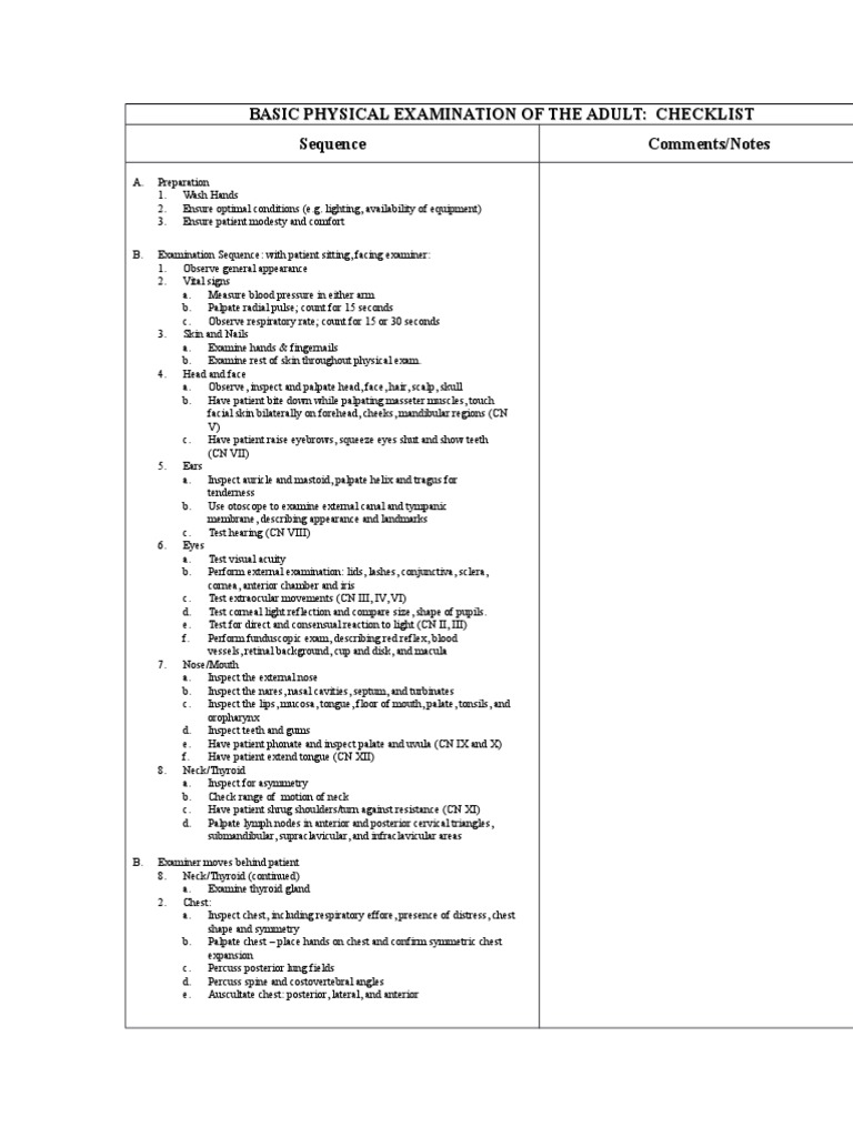 Basic Physical Examination of The Adult: Checklist | Download Free PDF ...