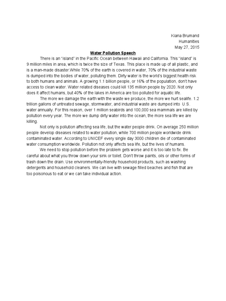Water Pollution Speech | PDF