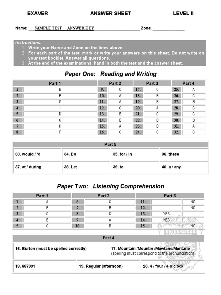 EXAVER 2 Answerkey Sample Exam | PDF
