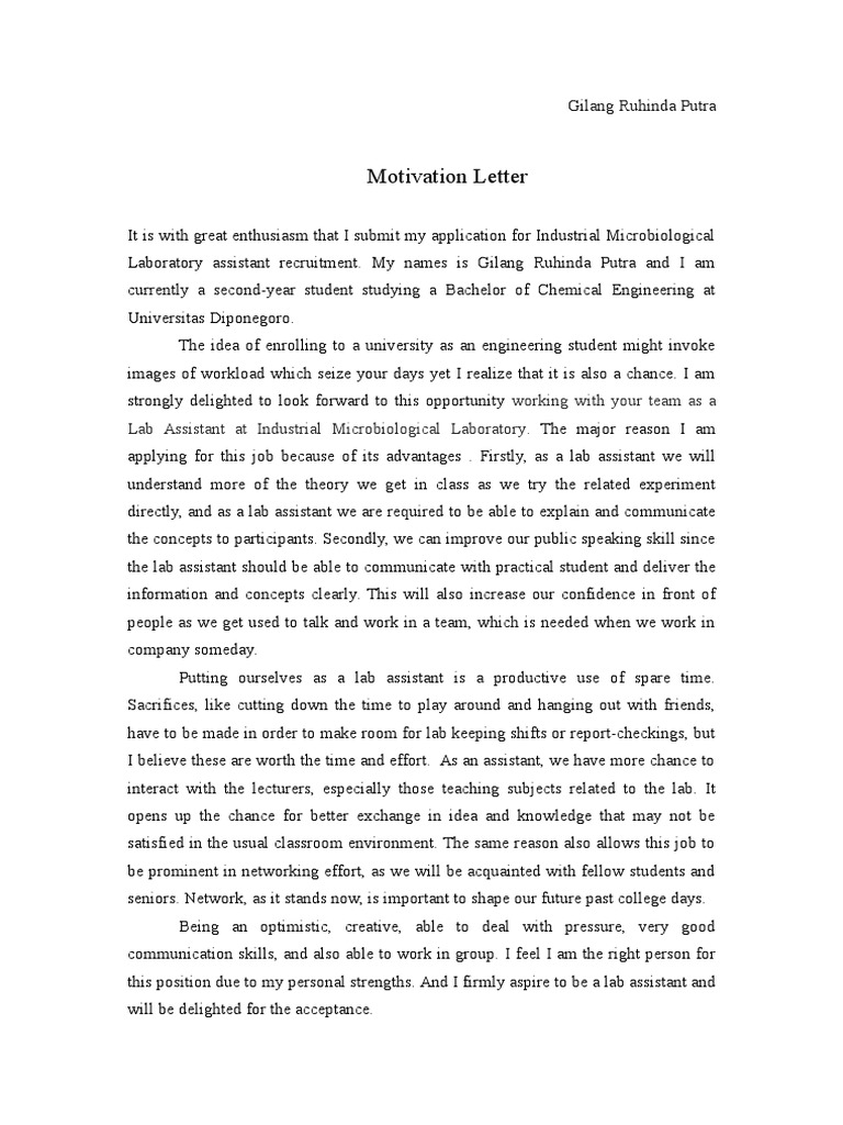 Gilang Ruhinda Putra Motivation Letter for Lab Assistant | PDF