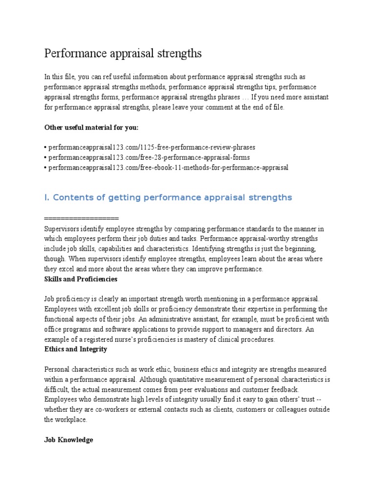Performance Appraisal Strengths | PDF | Performance Appraisal | Employment