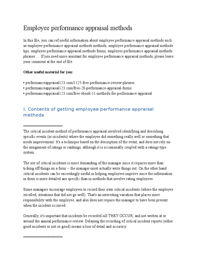 Employee Performance Appraisal Methods | Download Free PDF ...