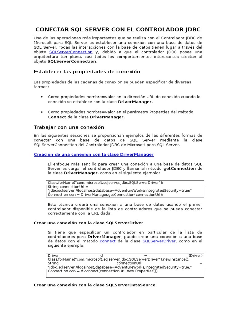 Clase Conectar Sql Server Con El Controlador Jdbc Pdf Servidor Sql De Microsoft Gestión De