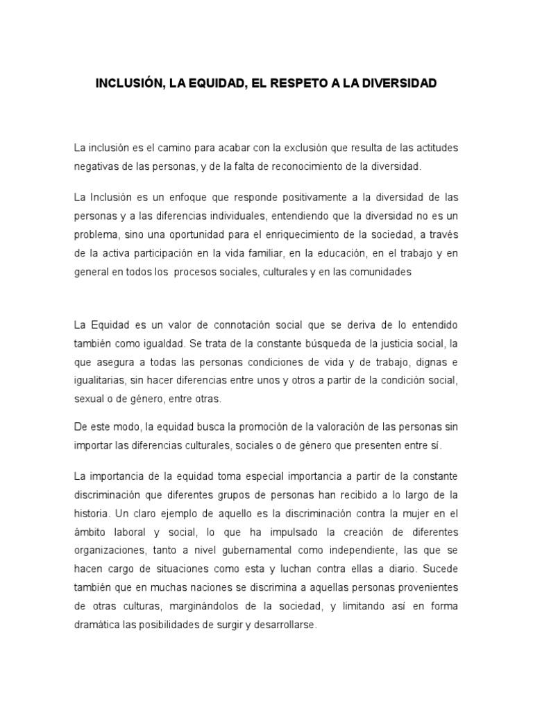 Inclusion Equidad Y Respeto A La Diversidad Pdf Discriminación