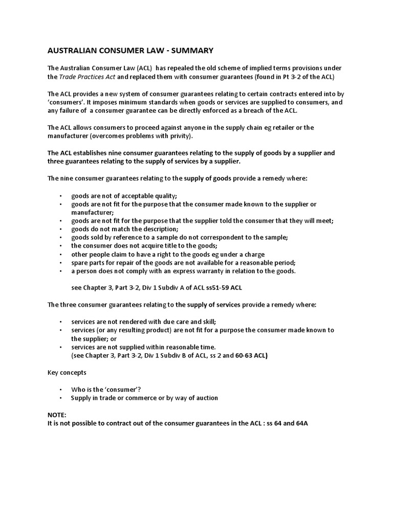 Australian Consumer Law Summary Acl Pdf Implied Warranty