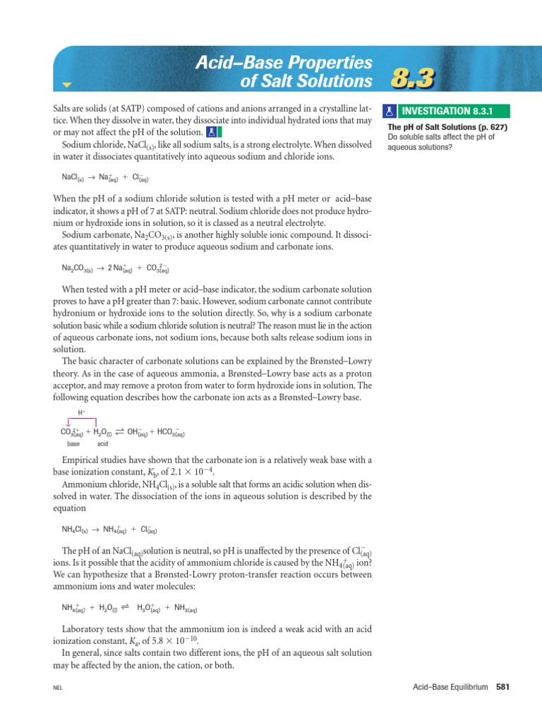 8.3 Acid - Base Properties of Salt Solutions | PDF | Acid | Hydrolysis