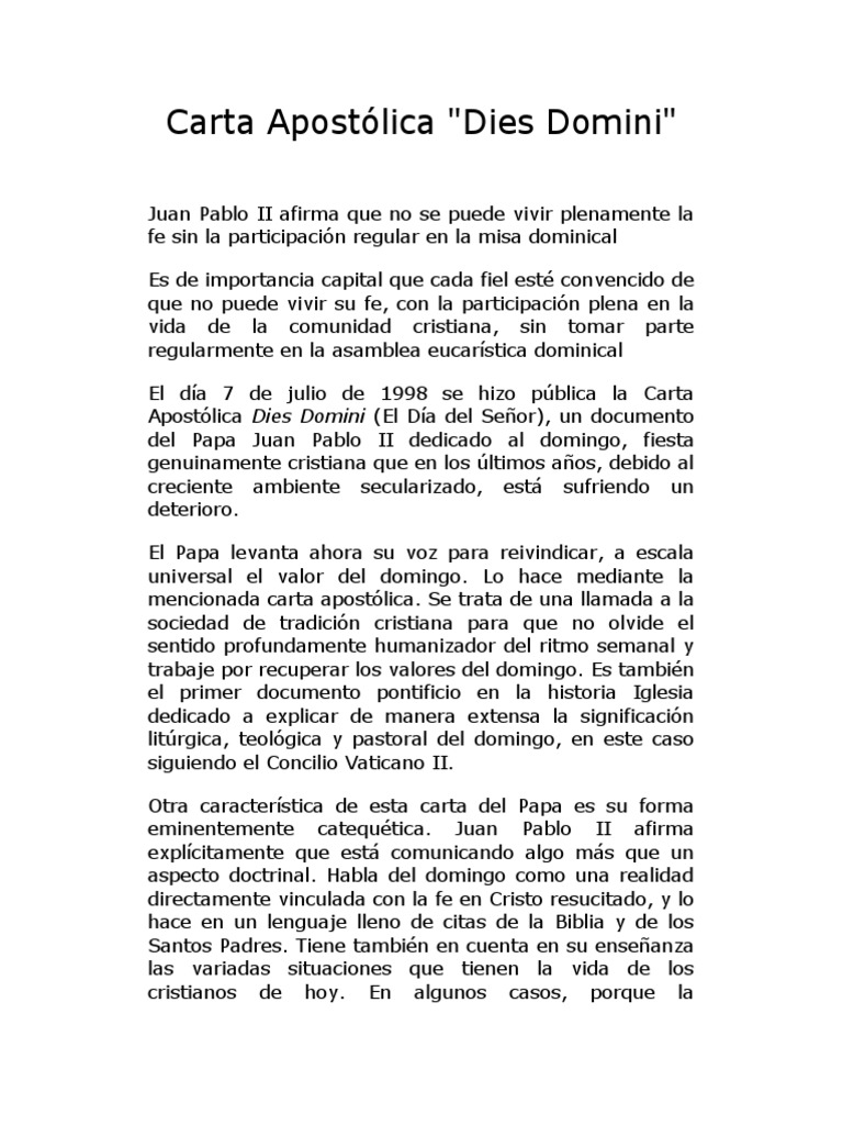Carta Apostólica Dies Domini | PDF | eucaristía | Misa (liturgia)