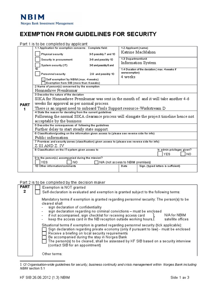 Exemption From Guidelines For Security | PDF | Confidentiality ...