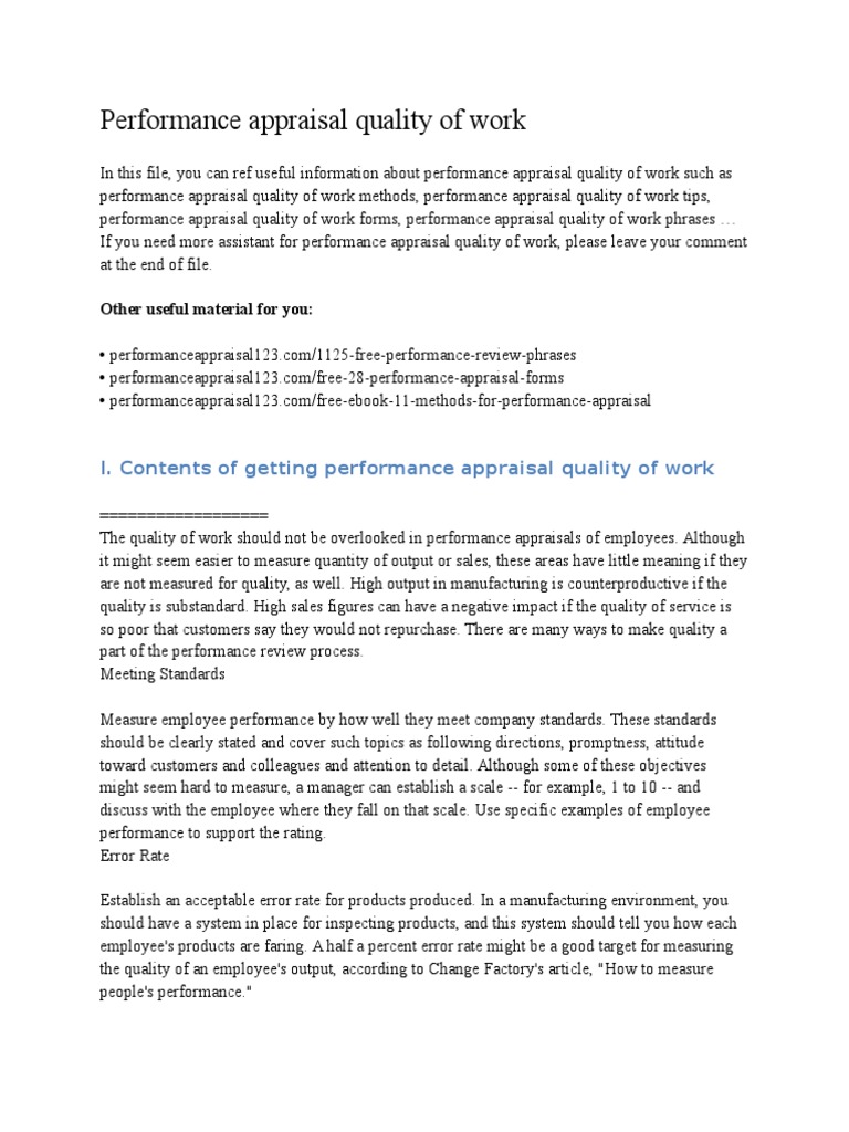 Performance Appraisal Quality of Work | Performance Appraisal | Cognition