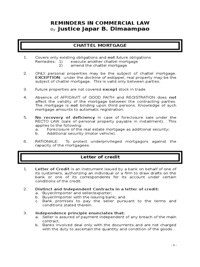 Reminders in Commercial Law | PDF | Corporations | Stocks