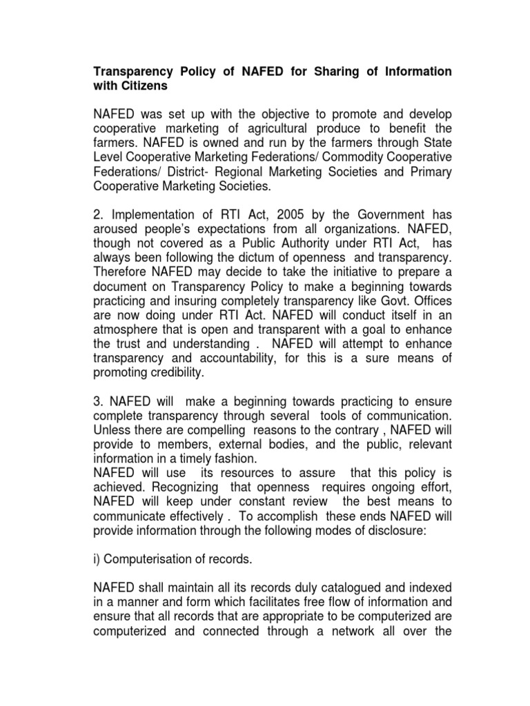 Transparency Policy of NAFED For Sharing of Information With Citizens ...