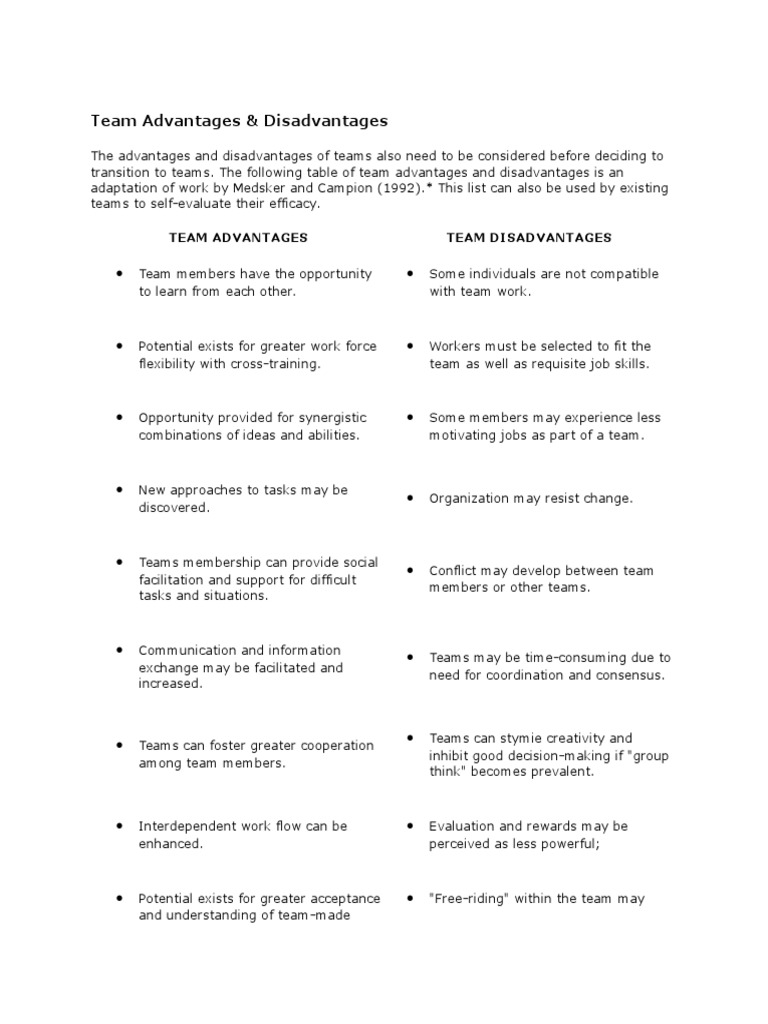 Team Advantages Team Disadvantages | PDF | Social Group | Advocacy Group
