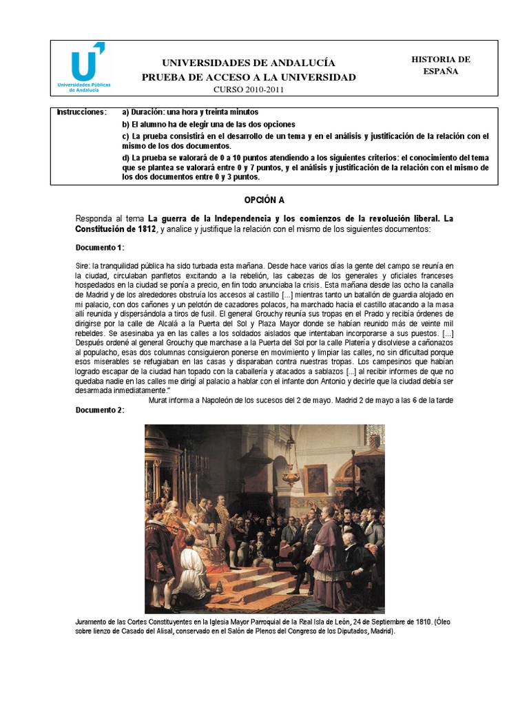 Examen Selectividad Historia de España | PDF