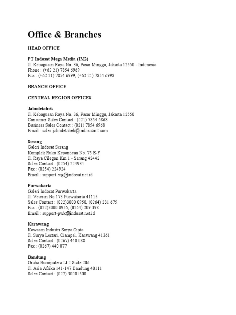 Office & Branches: Head Office PT Indosat Mega Media (IM2) | PDF ...