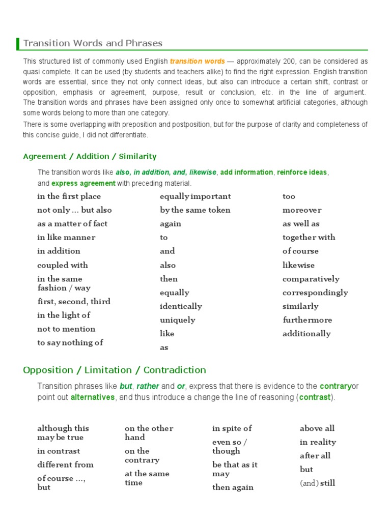 Essential Transition Words Guide | PDF | Phrase | Linguistics