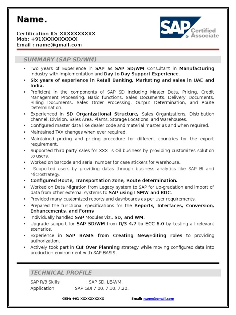 SAP SD/WM Consultant Resume | PDF | Warehouse | Sap Se