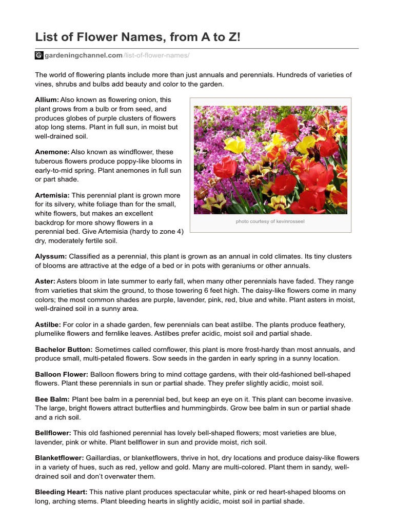 A-Z List of Flower Names | PDF | Perennial Plant | Flowers