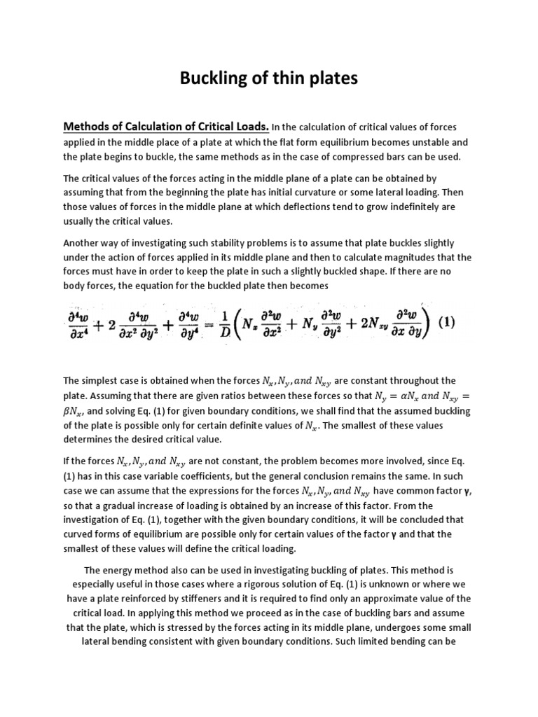 Critical Loads in Thin Plate Buckling | PDF | Buckling | Bending