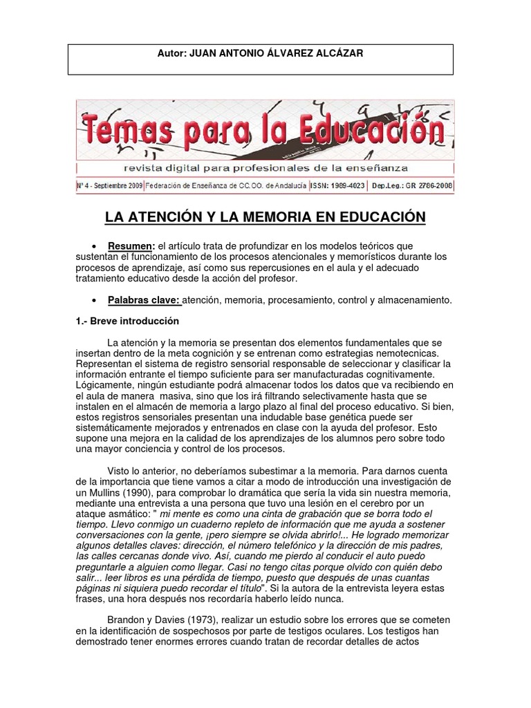 La Atención y La Memoria en Educación | PDF | Memoria | Atención