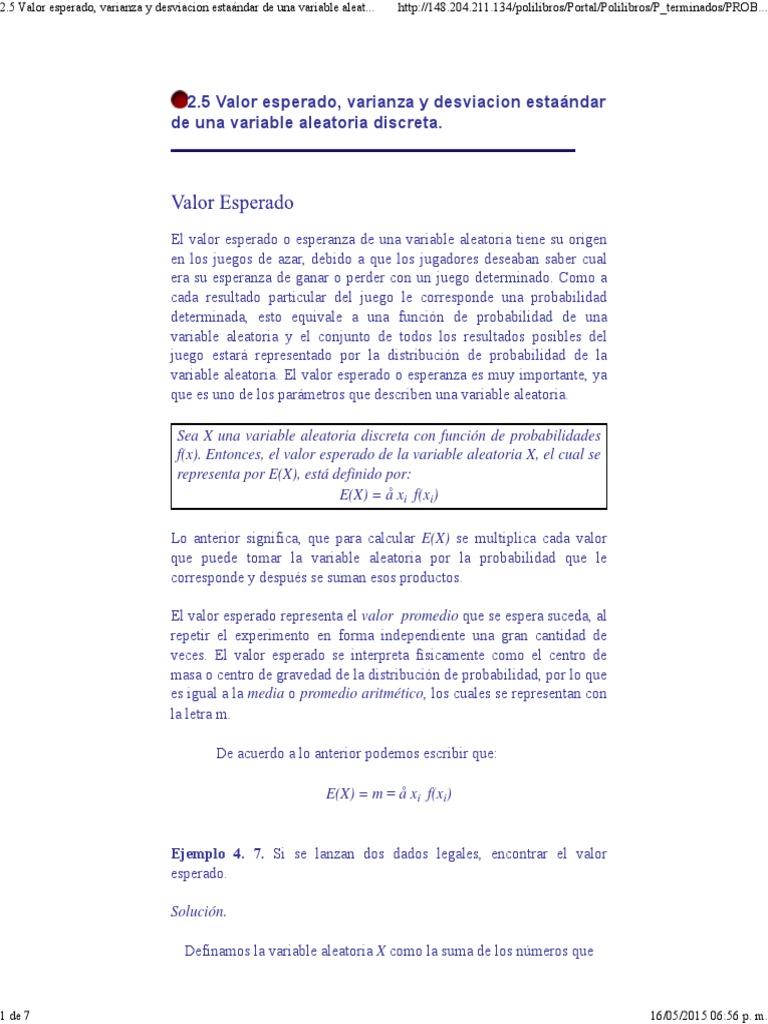 2.5 Valor esperado, varianza y desviacion estaándar de una variable aleatoria discreta.pdf ...