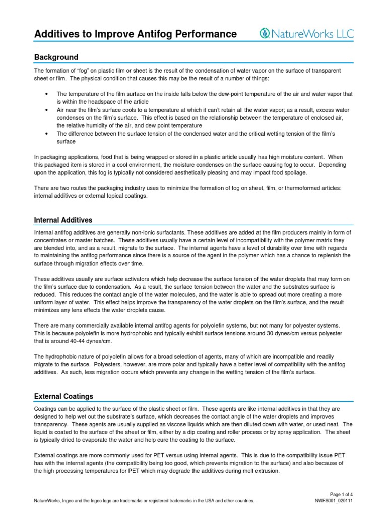 FactSheet Additives To Improve Anti Fog Performance PDF | PDF | Fog ...