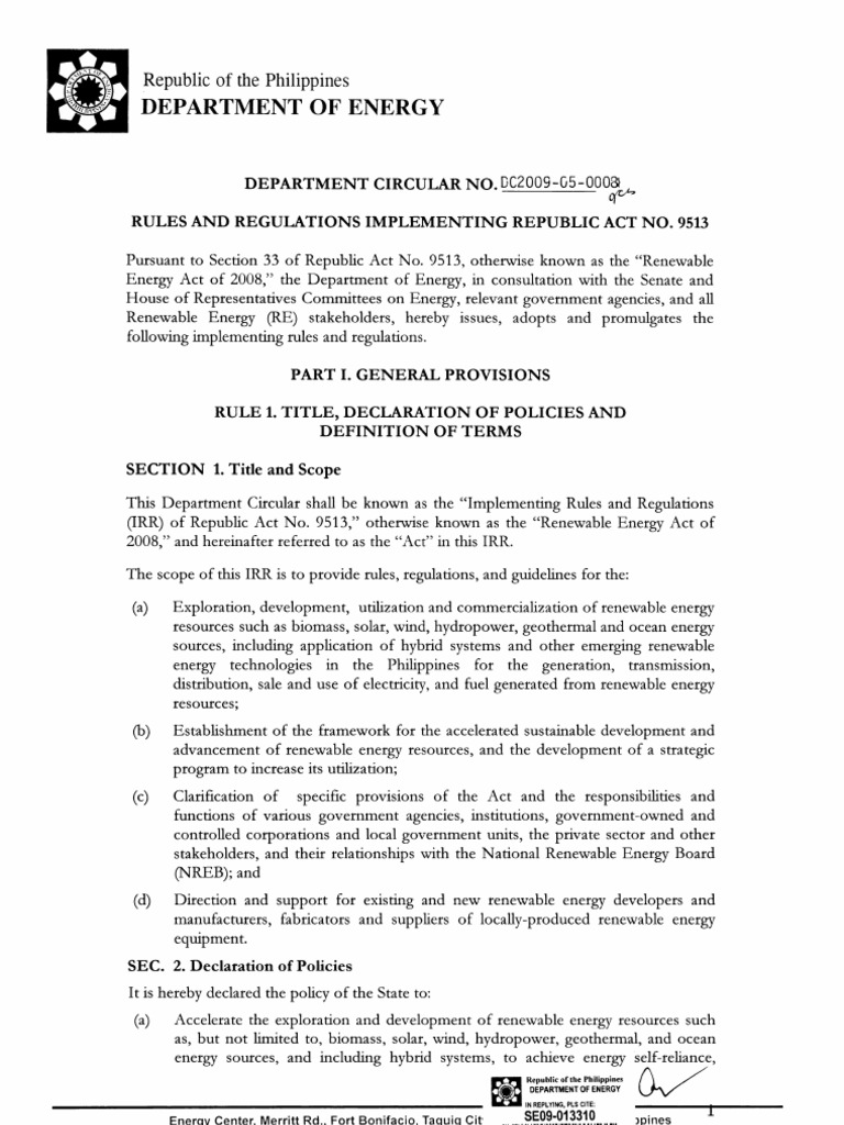 IRR of RA 9513 Aka Renewable Energy Act of 2008 | PDF