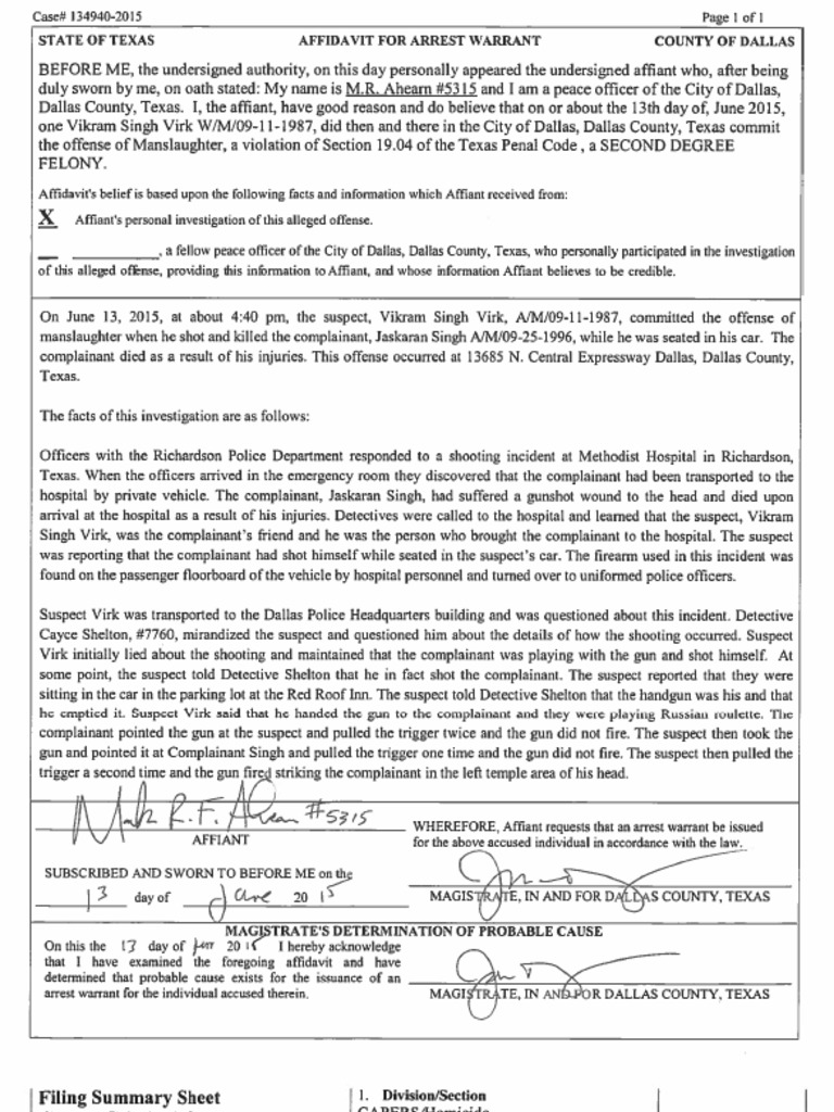 Arrest Warrant Affidavit For Vikram Virk | PDF